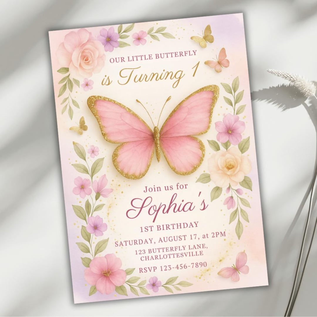 Butterfly 1st Birthday Invitation Card, Luxury Canva Template, Pastel ...