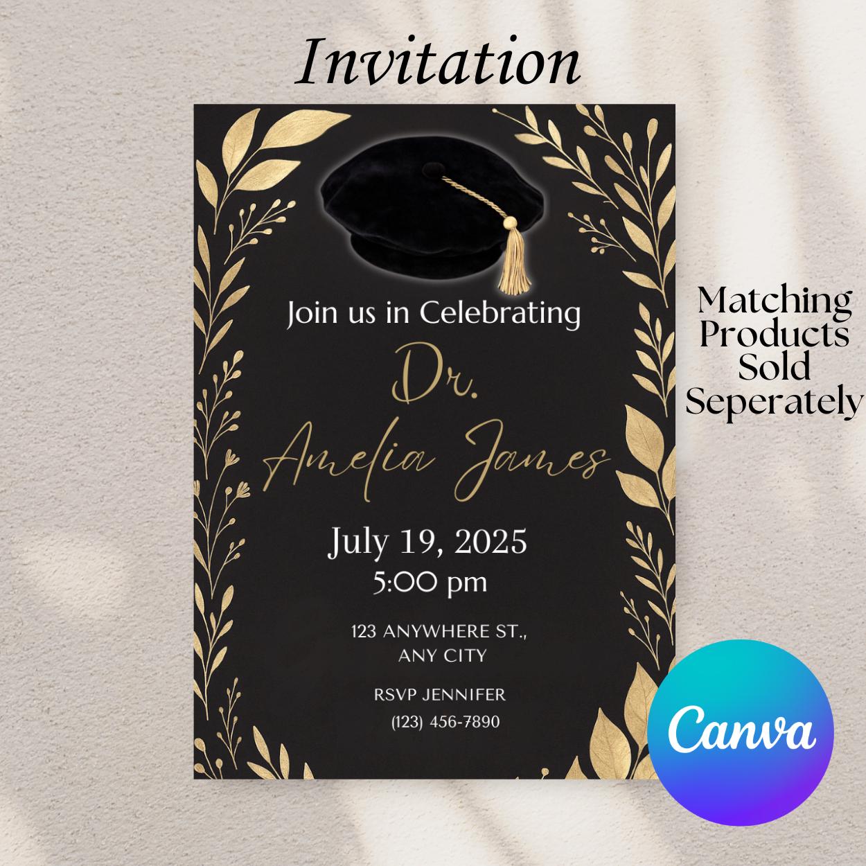 Doctoral Graduation Welcome Sign Editable, Elegant Gold Leaf Canva ...
