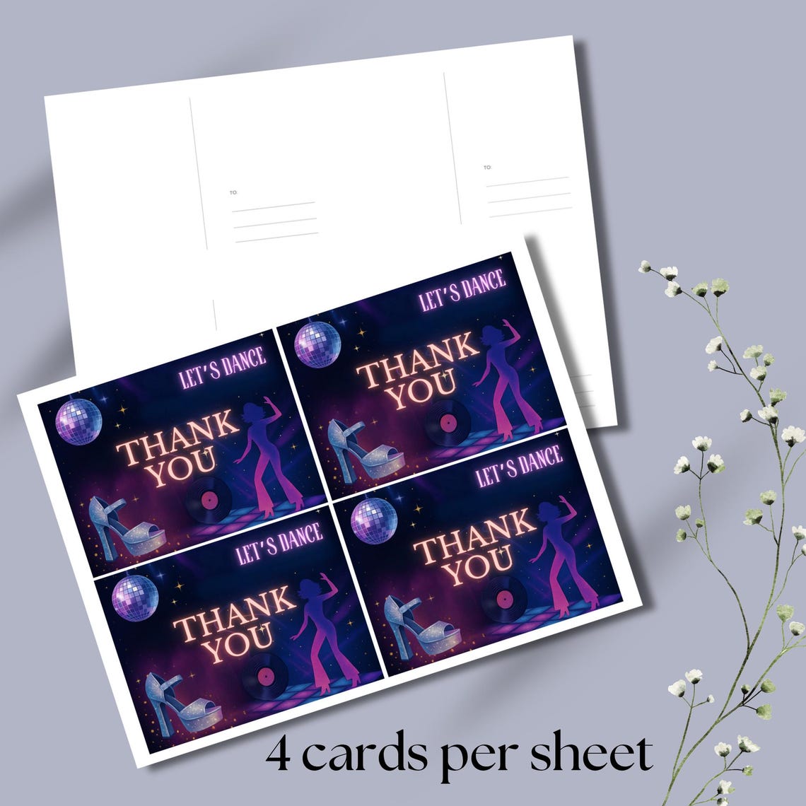 Disco Thank You Card, 70s Party Printable, Neon Glow Thank You Note ...