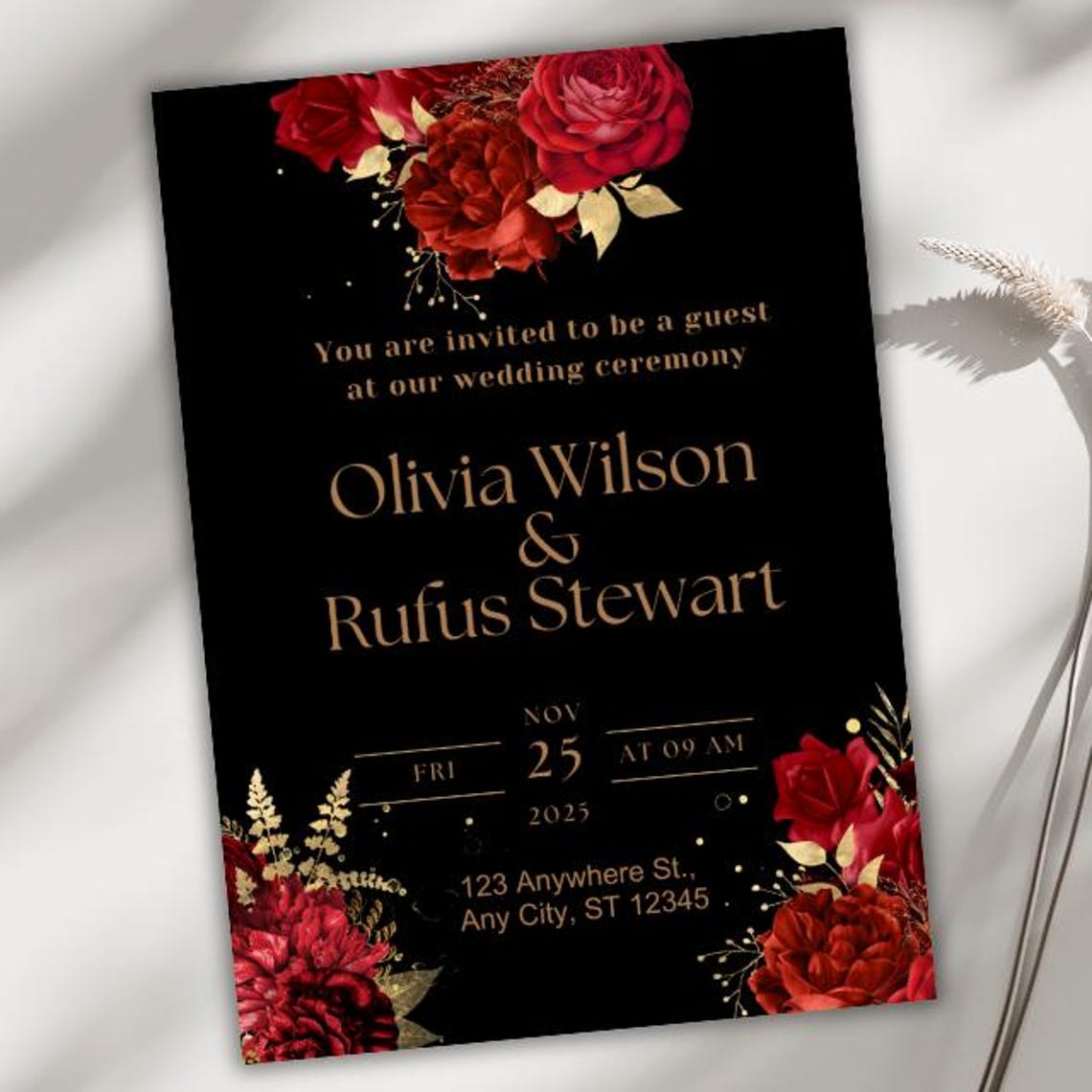 Red Roses Wedding Invitation, Printable Editable Canva Template ...