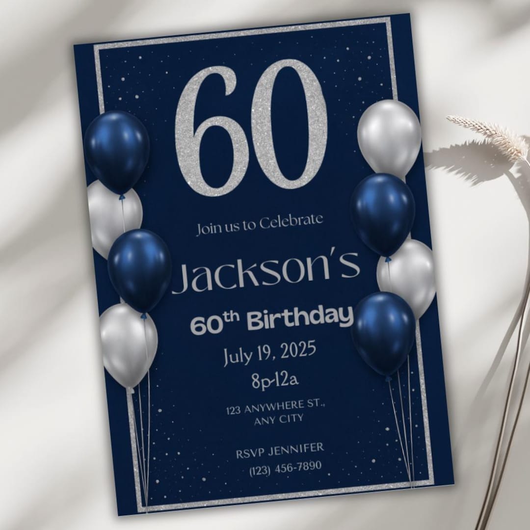 60th Birthday Invitation, Editable Canva Template Evite, Silver and ...