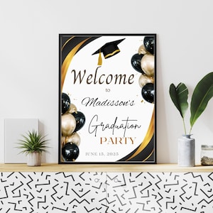 Editable Graduation Party Welcome Sign, Black and Gold Canva Template ...