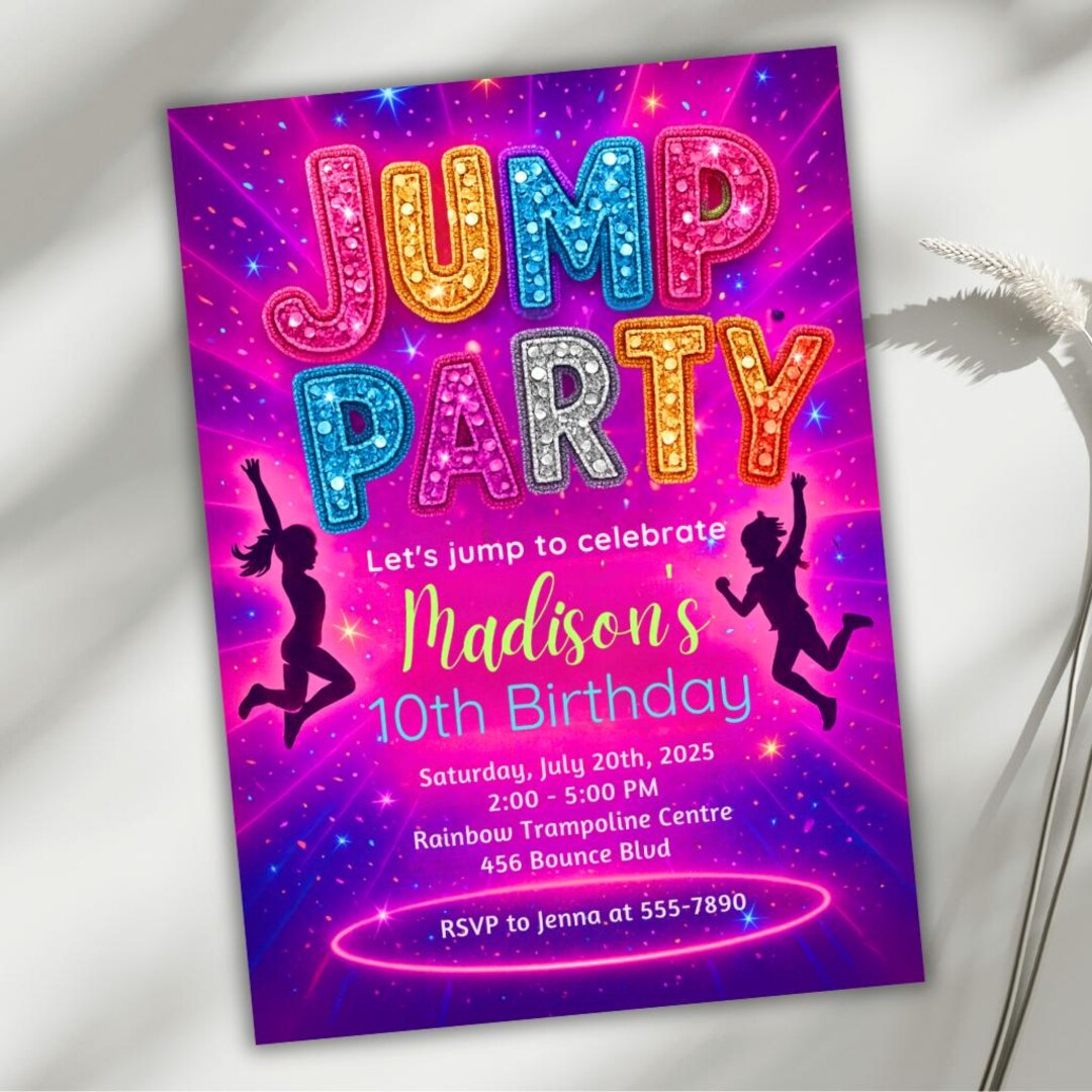 Girls Jump Party Invitation, Sequin Birthday Invite, Trampoline Party ...
