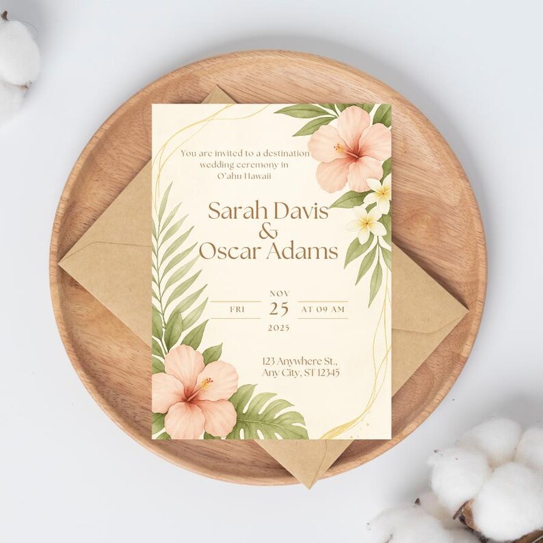 Hawaii Wedding Editable Invitation, Tropical Watercolor Canva Template ...