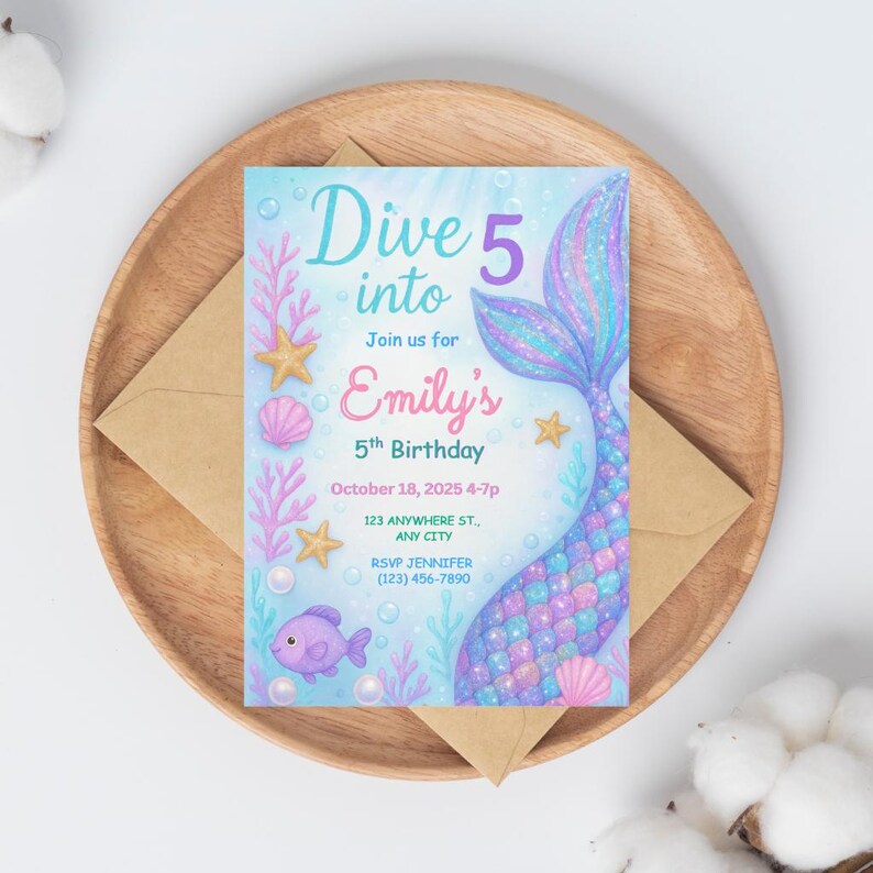 Mermaid Birthday Invitation, Dive Into Party Invite, Editable Canva ...