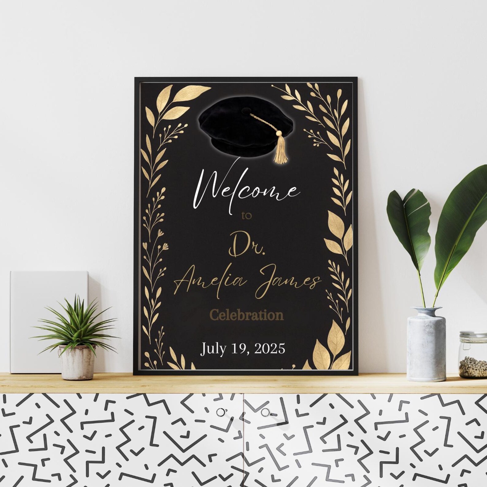 Doctoral Graduation Welcome Sign Editable, Elegant Gold Leaf Canva ...