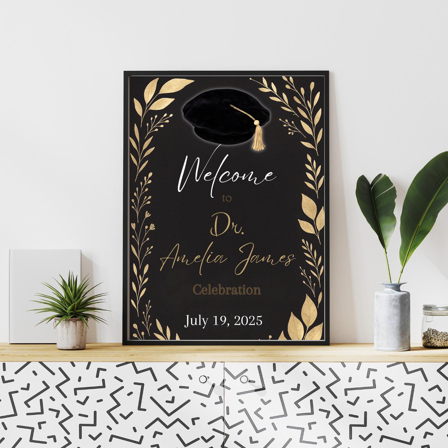 Doctoral Graduation Welcome Sign Editable, Elegant Gold Leaf Canva ...