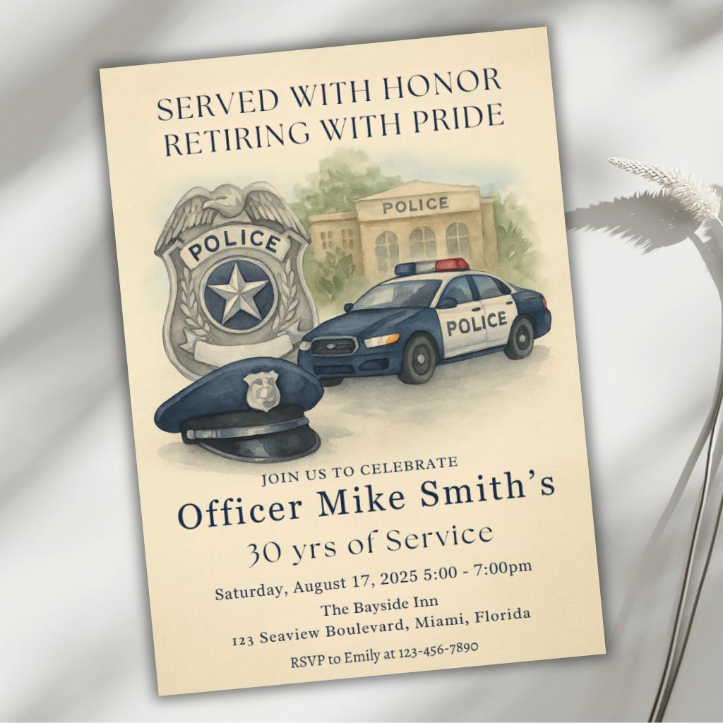 Police Retirement Invitation Card, Law Enforcement Party Canva Template ...