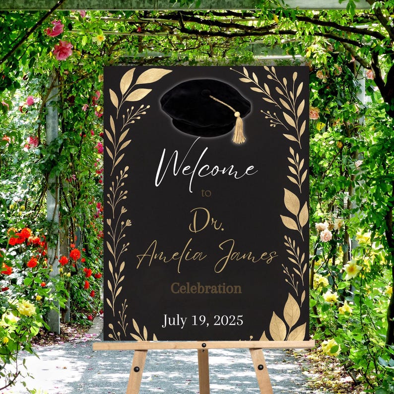 Doctoral Graduation Welcome Sign Editable, Elegant Gold Leaf Canva ...