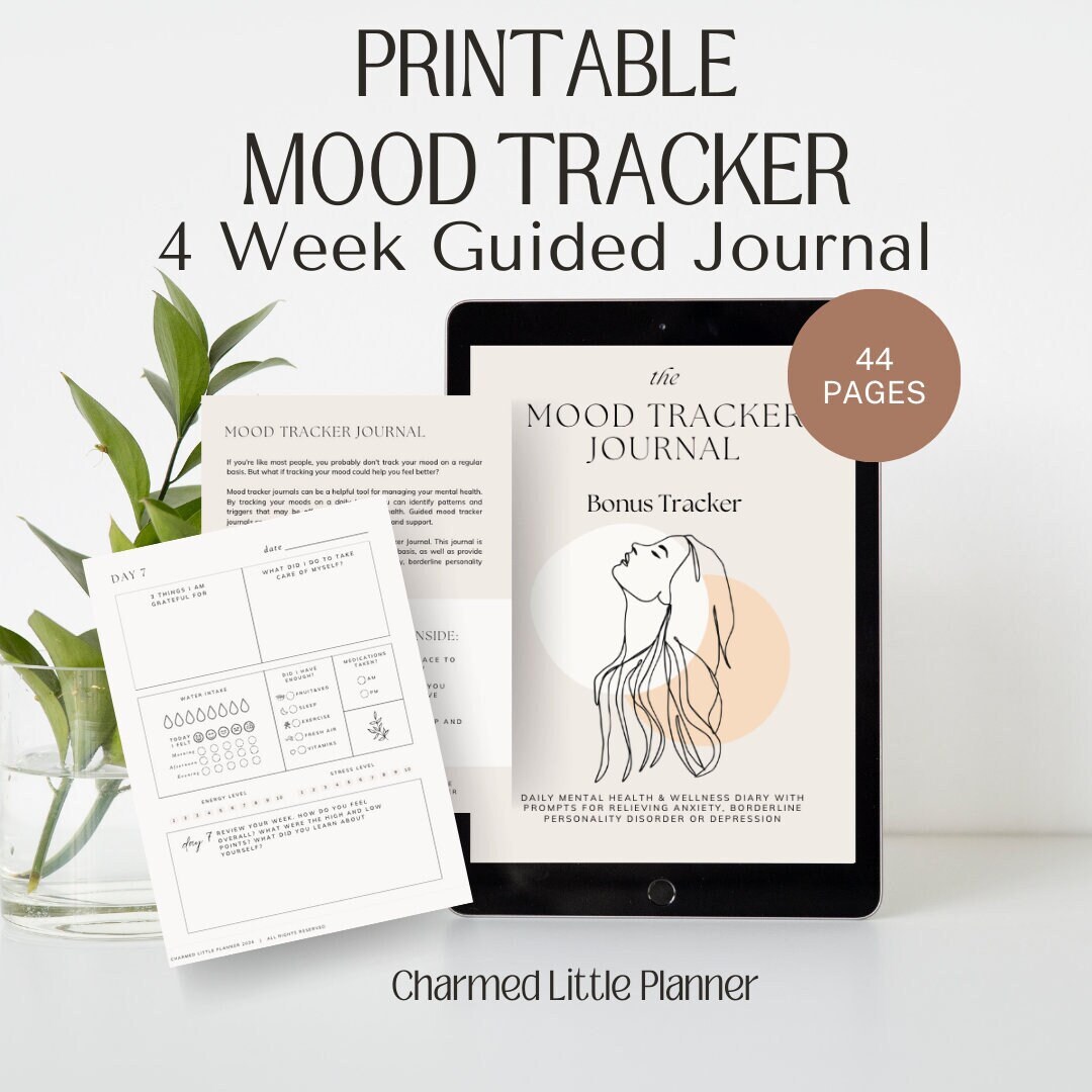 Mood Tracker Printable Journal With Prompts, 4 Week Monthly Journal ...