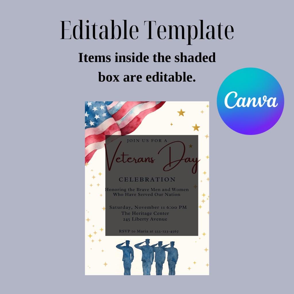 Veterans Day Invitation, Editable Canva Template, Patriotic Celebration ...