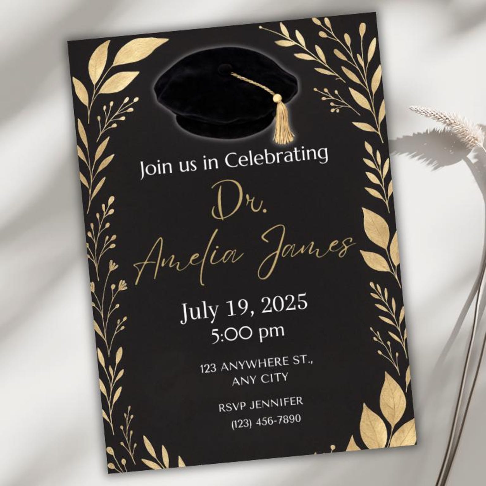 Editable Doctoral Graduation Invitation Canva Template, Phd Graduation ...