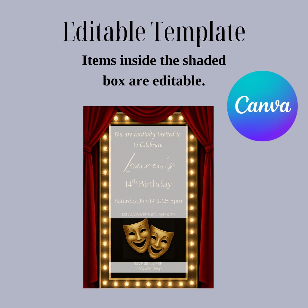 Broadway Party Editable Invitation, Theatre Theme Canva Template Evite ...