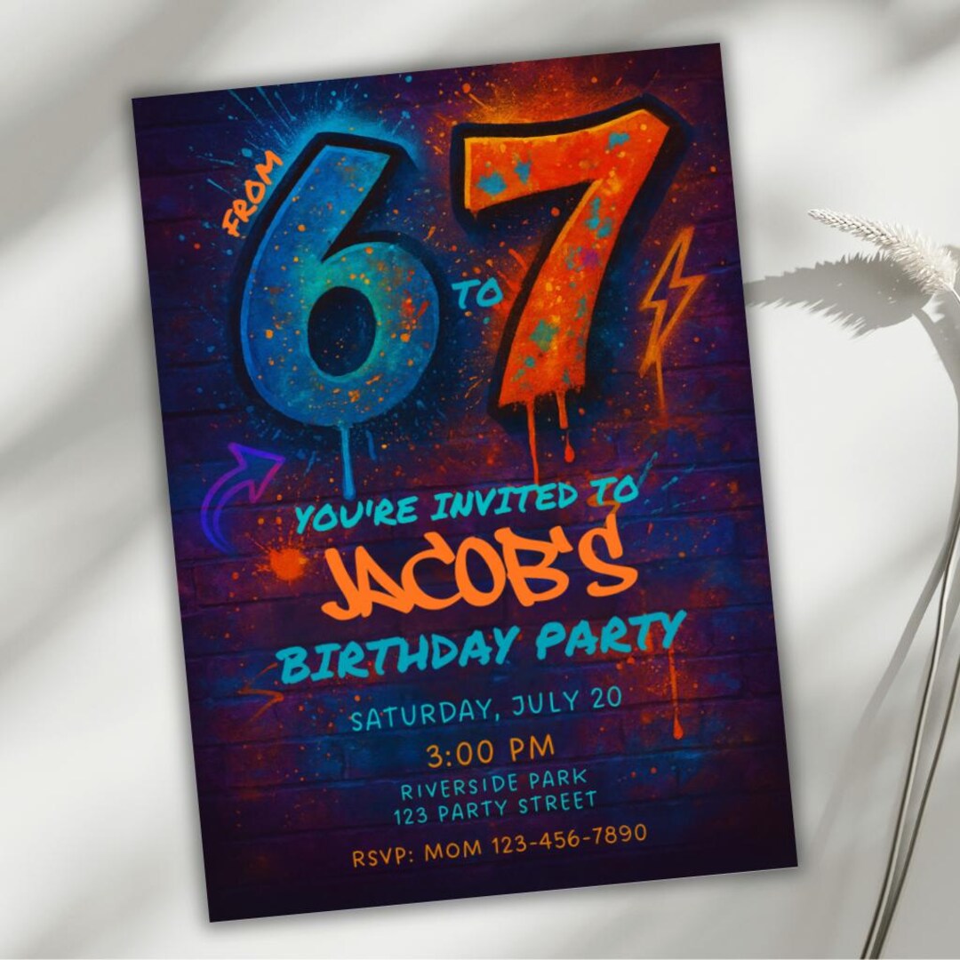 Graffiti Birthday Invitation | Neon Spray Paint Party Invite | 6 7 Boys ...