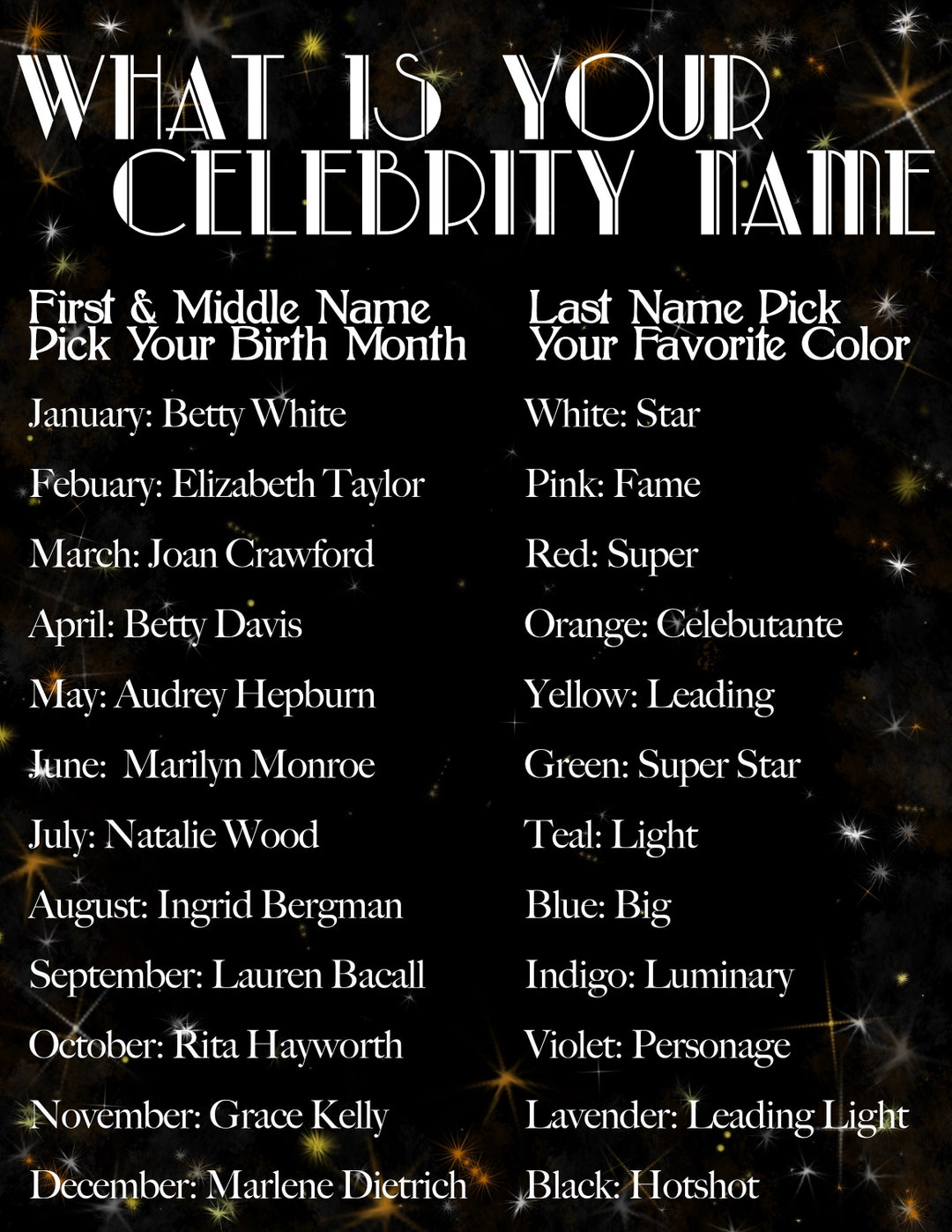 What is Your Old Hollywood Celebrity Name - Etsy