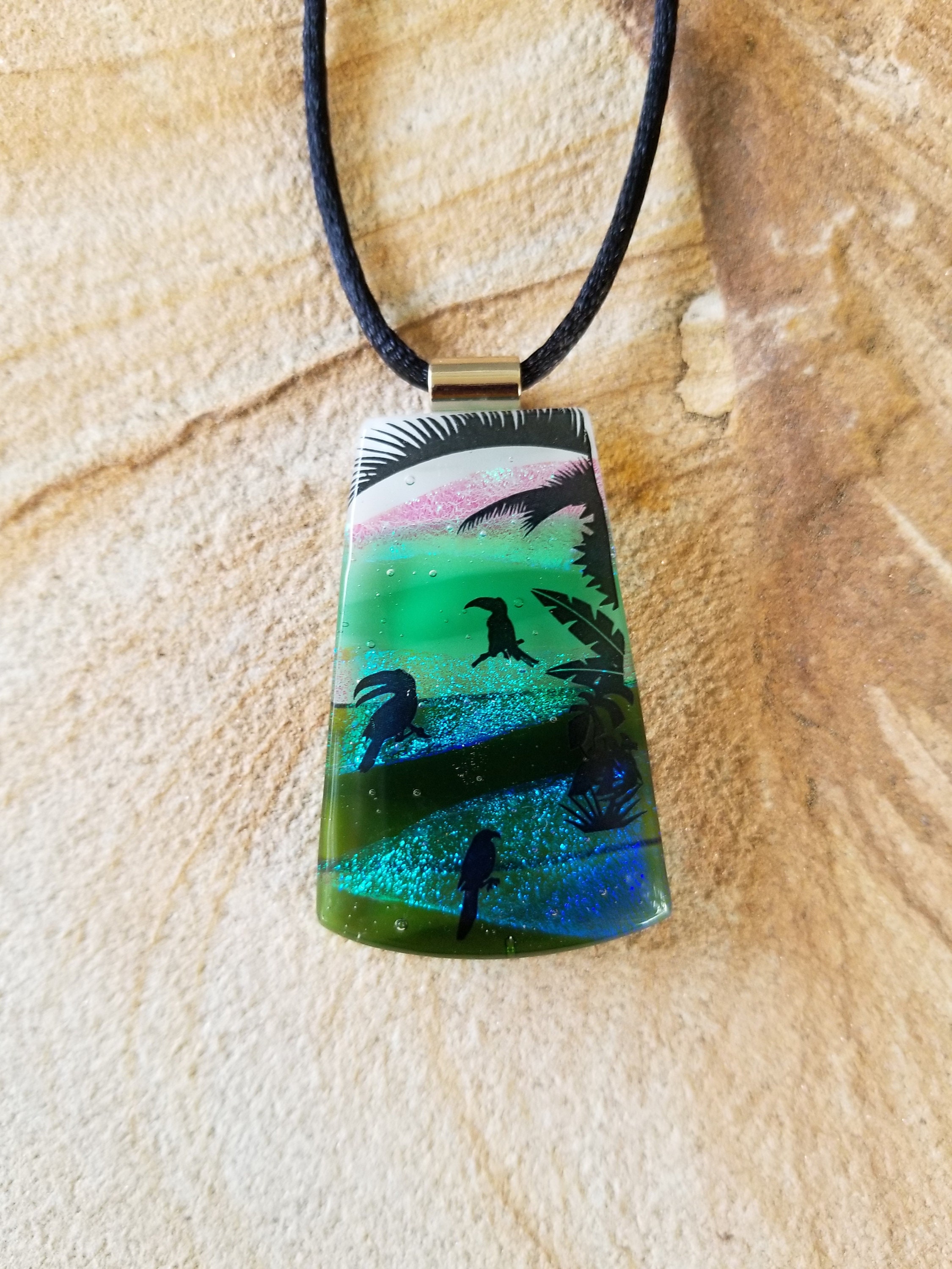 Tropical Rainforest Toucan Scenic Dichroic Pendant, Landscape Scene ...