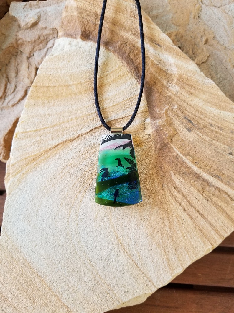 Tropical Rainforest Toucan Scenic Dichroic Pendant, Landscape Scene ...
