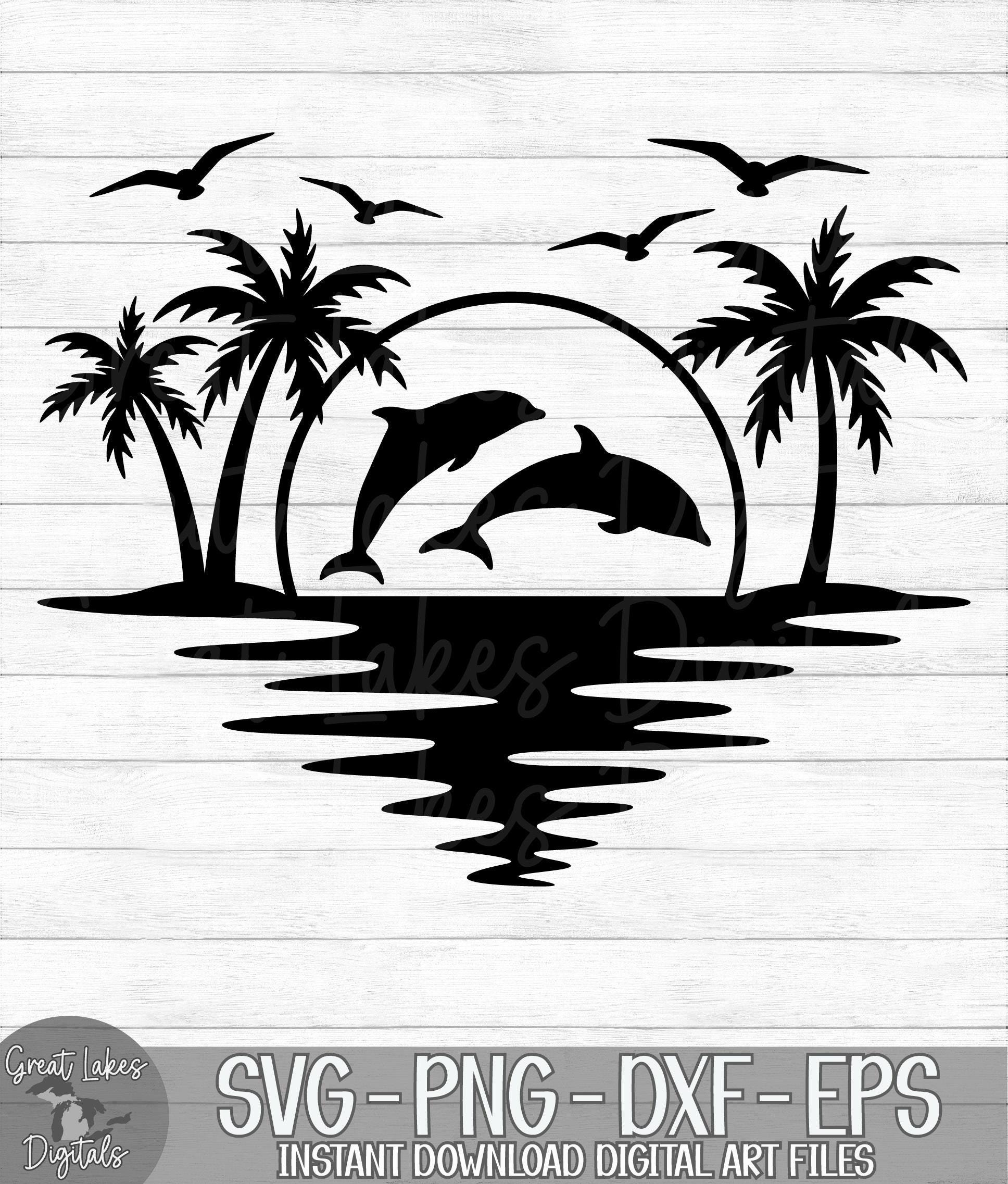 Ocean Sunset With Dolphins And Palm Trees