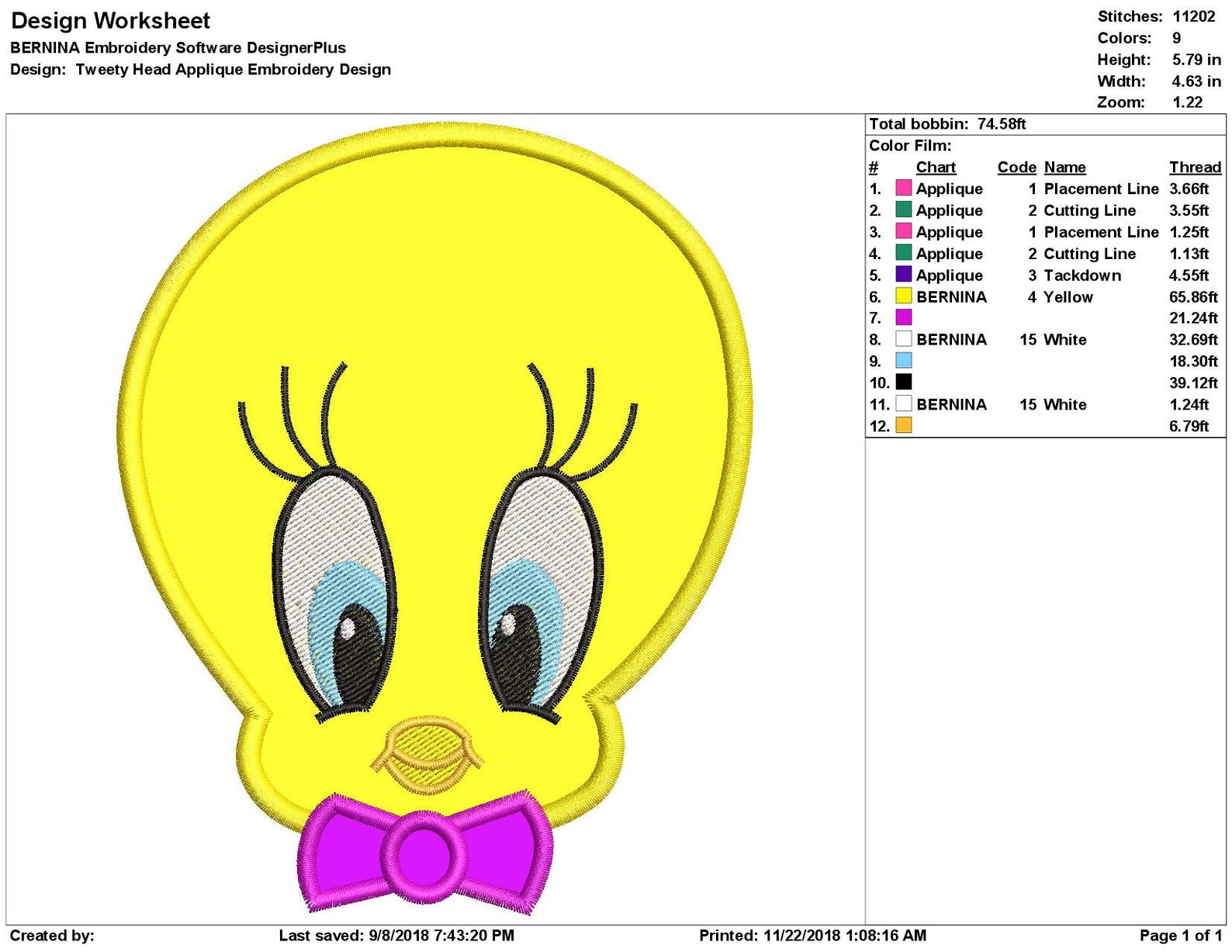 Tweety Head Applique Embroidery Design | Etsy