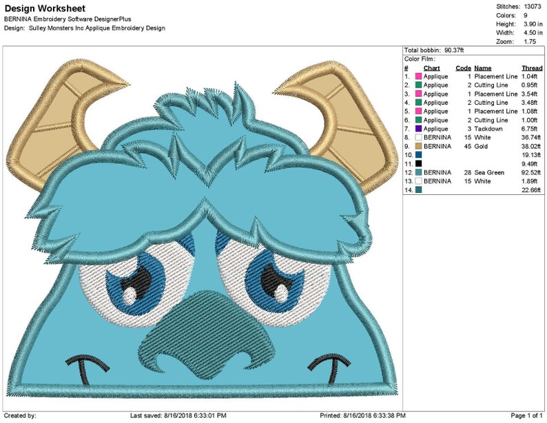 Sulley Monsters Inc Applique Embroidery Design - Etsy UK