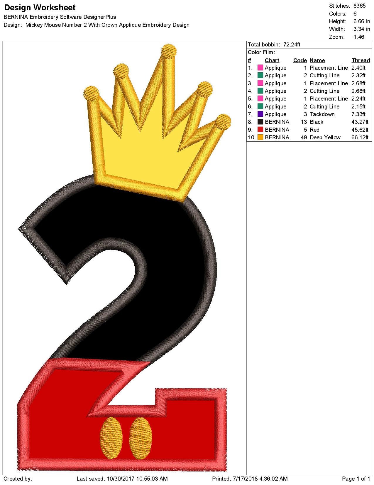 Mickey Mouse Number 2 With Crown Applique Embroidery Design | Etsy