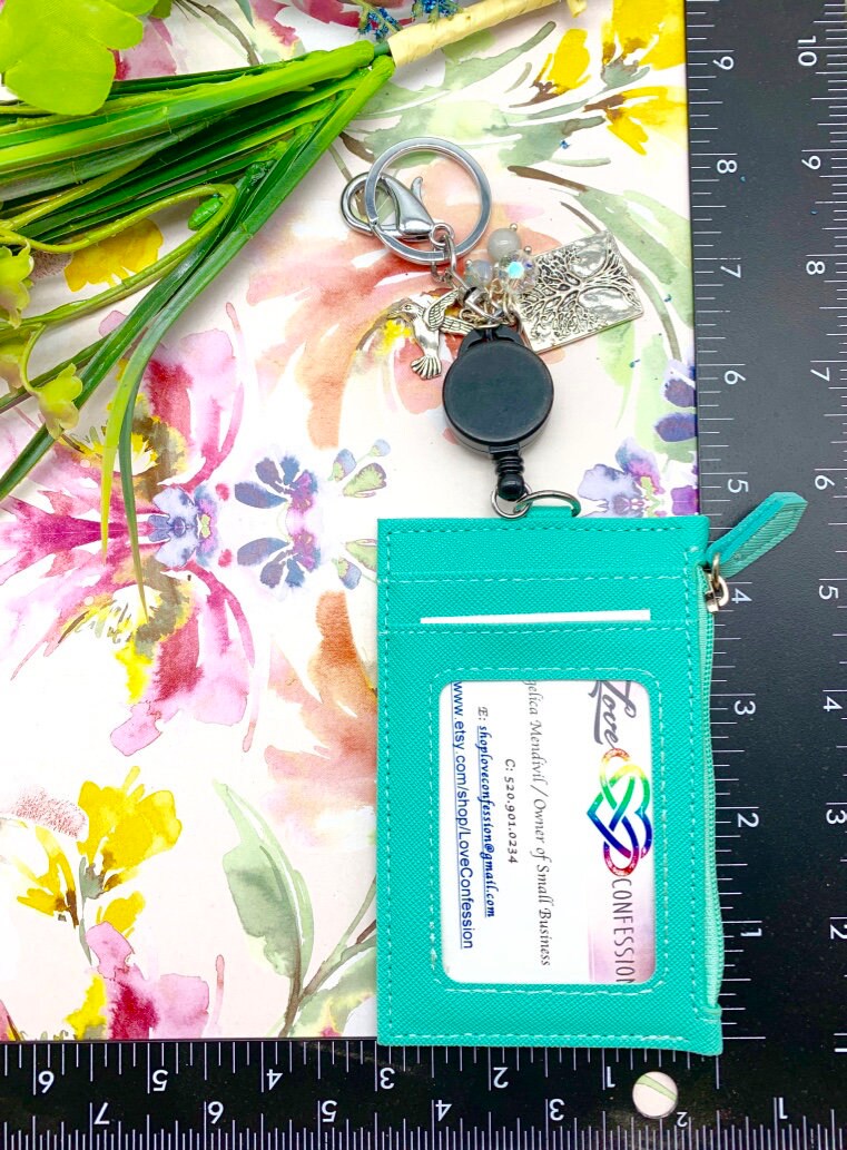 Slim Wallet ID Key Chain Holder, Turquoise Green Badge Reel ID Holder ...