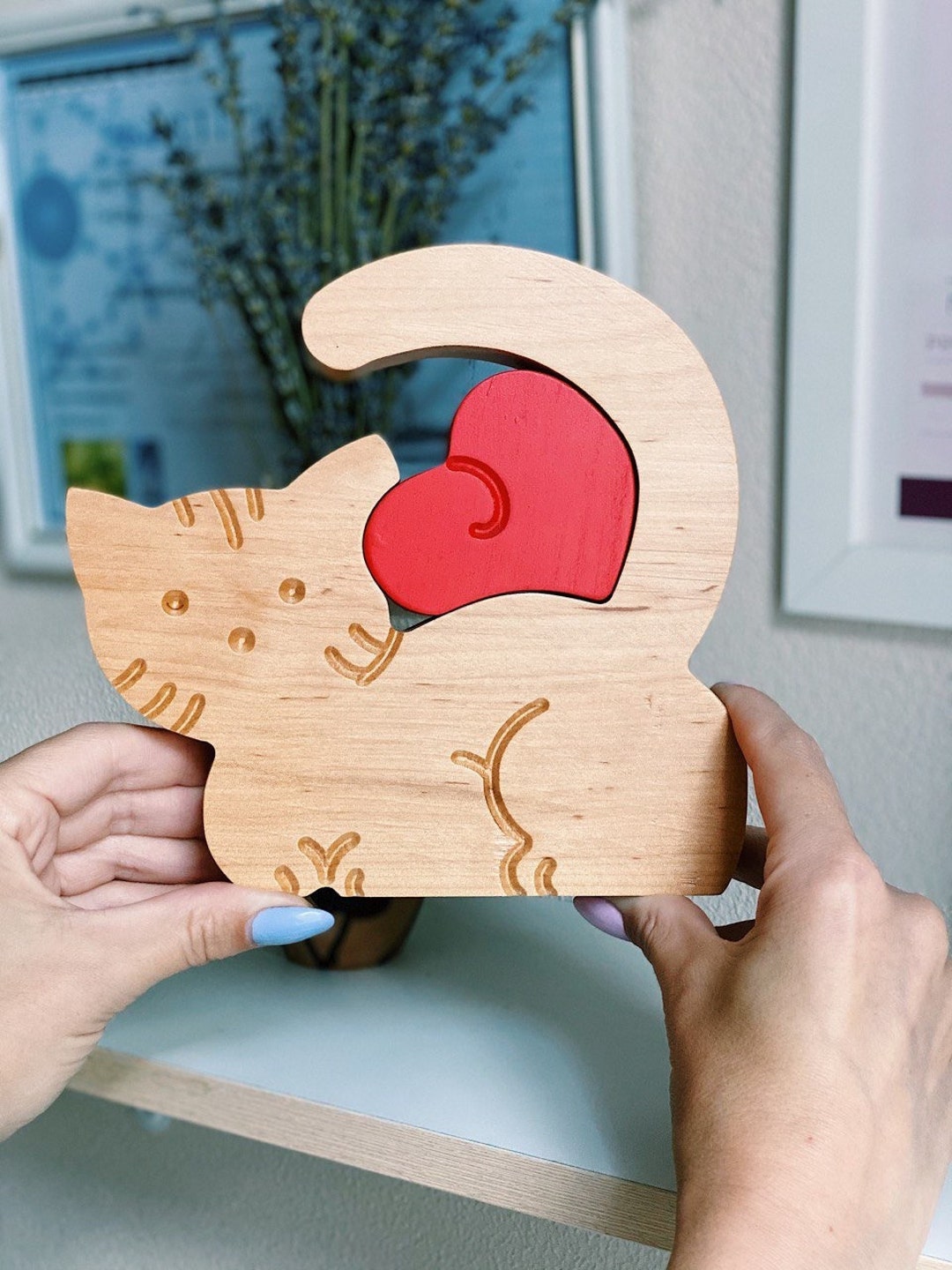 Wooden Cat/kitty Figurine Statue Stylish Cat Valentine Gift 68in Desk ...