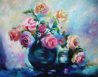 Pink roses painting | Etsy