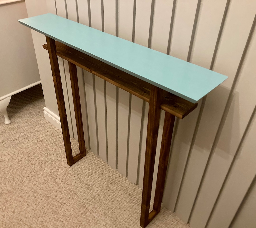 Modern Minimalistic Narrow Console Table With Shelf. Teal / Walnut ...