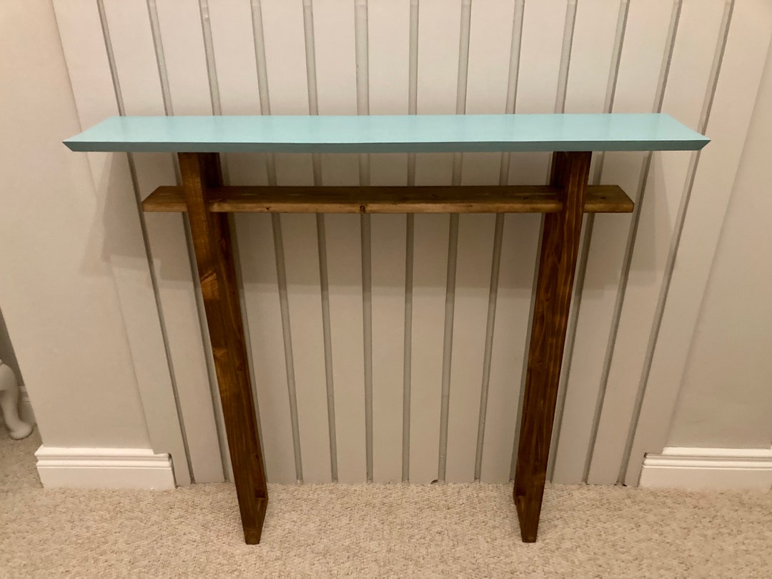 Modern Minimalistic Narrow Console Table With Shelf. Teal / Walnut ...