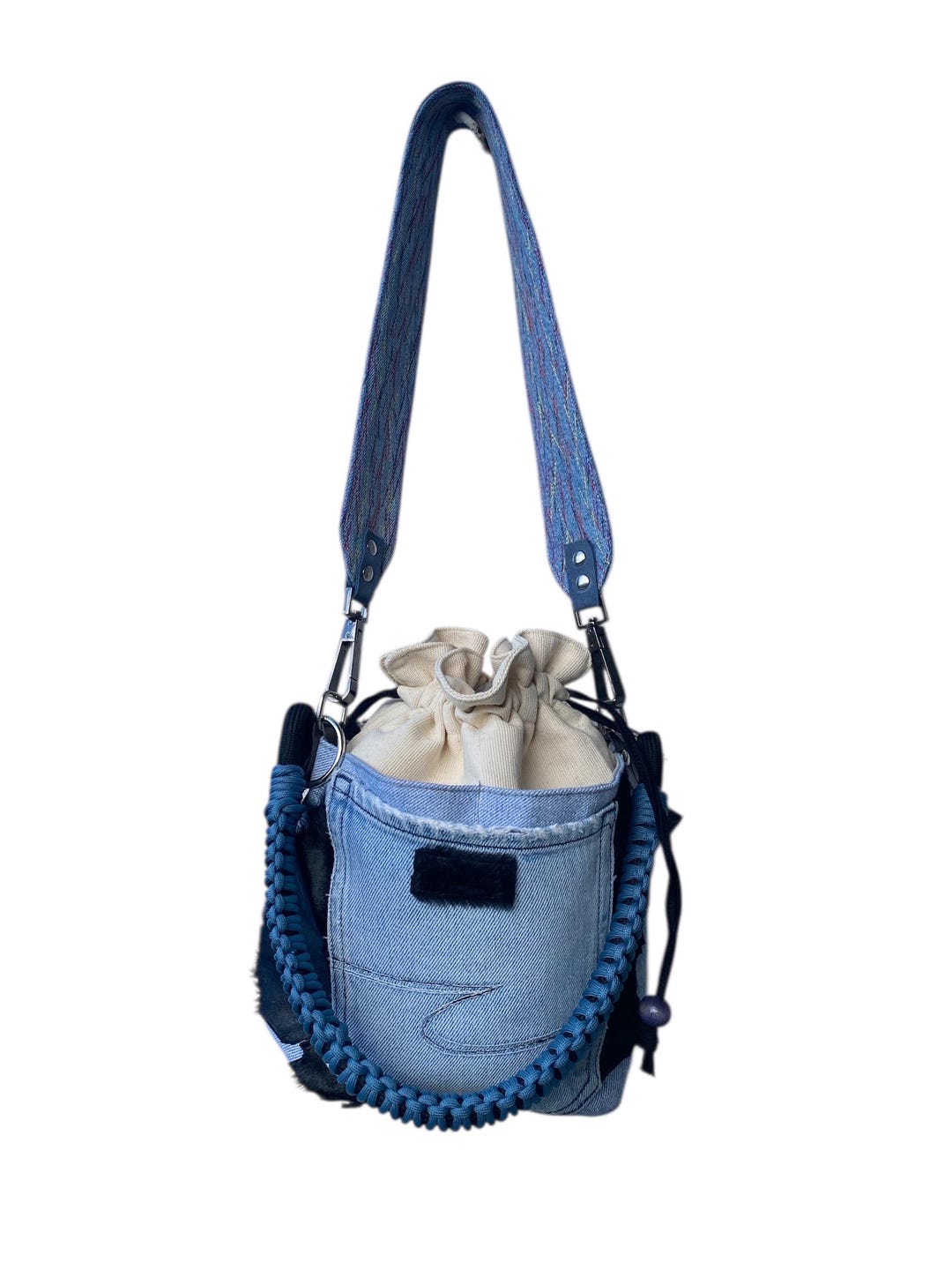 Handmade Denim Bucket Bag, Braided Strap, Leather Fur Accents - Etsy
