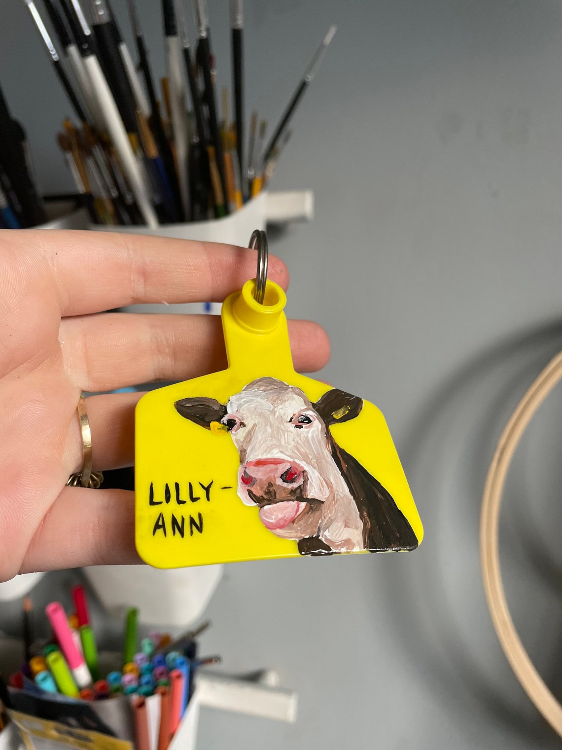 CUSTOM cattle ear tag animal tractor acrylic painting keyring | Etsy