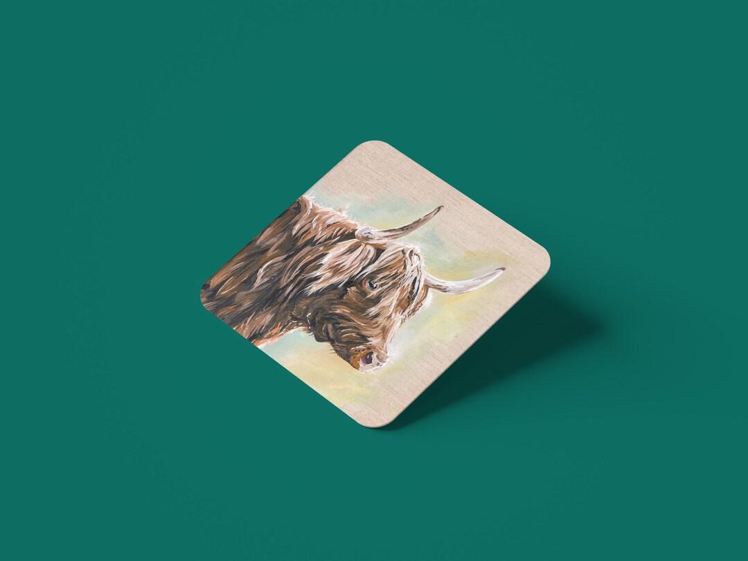 Highland Cow on Linen Canvas Board Backed Glossy Finish Coaster ...