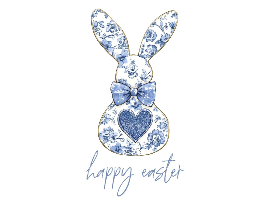Happy Easter PNG, Blue Floral Chinoiserie Bunny Png, Grand Millennial ...