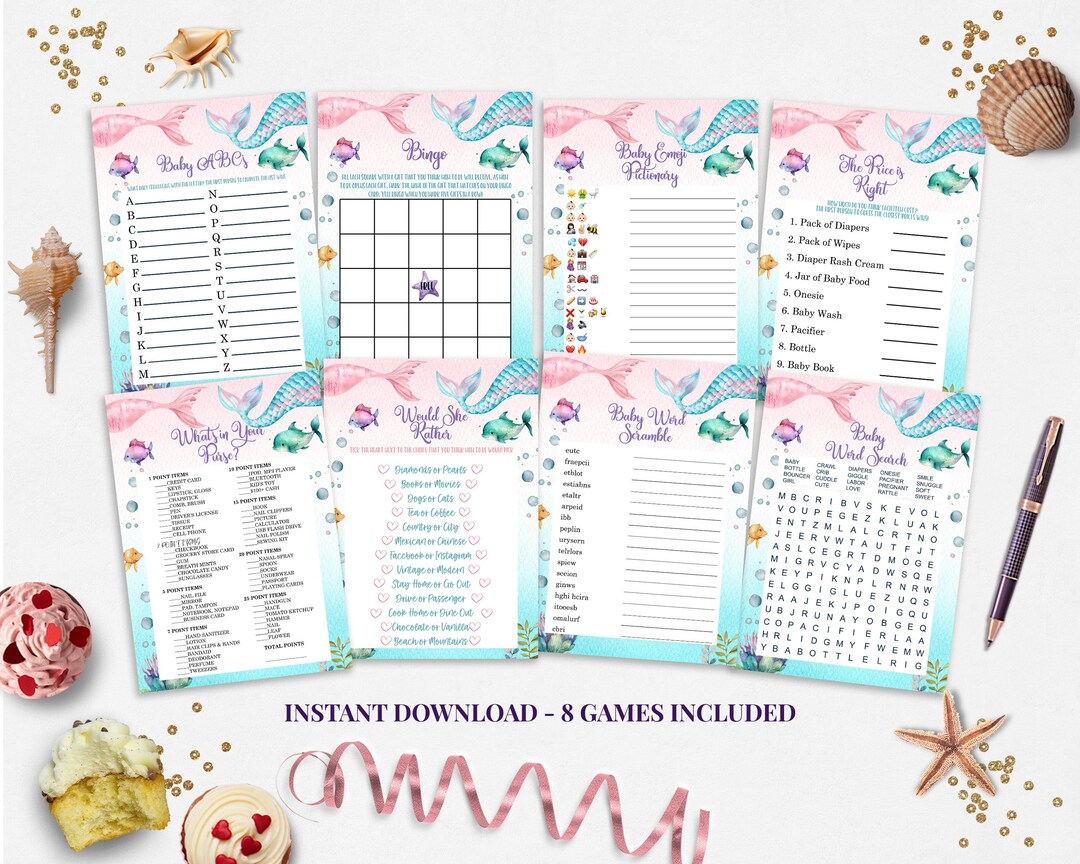 Mermaid Baby Shower Games Bundle Mermaid Bingo Watercolor Mermaid Tails ...