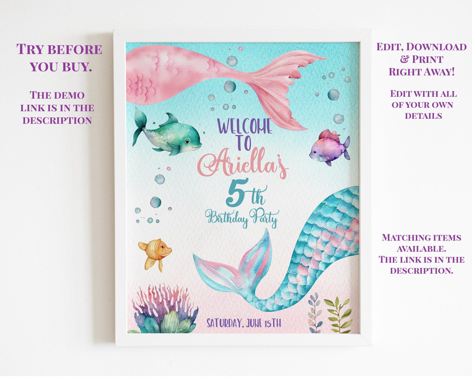 Editable Mermaid Birthday Welcome Sign Mermaid Birthday Party ...