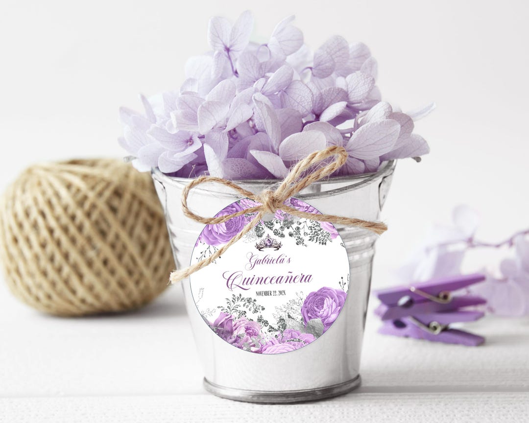 Lilac Quinceanera Circle Favor Tags With Lilac Purple Flowers and ...
