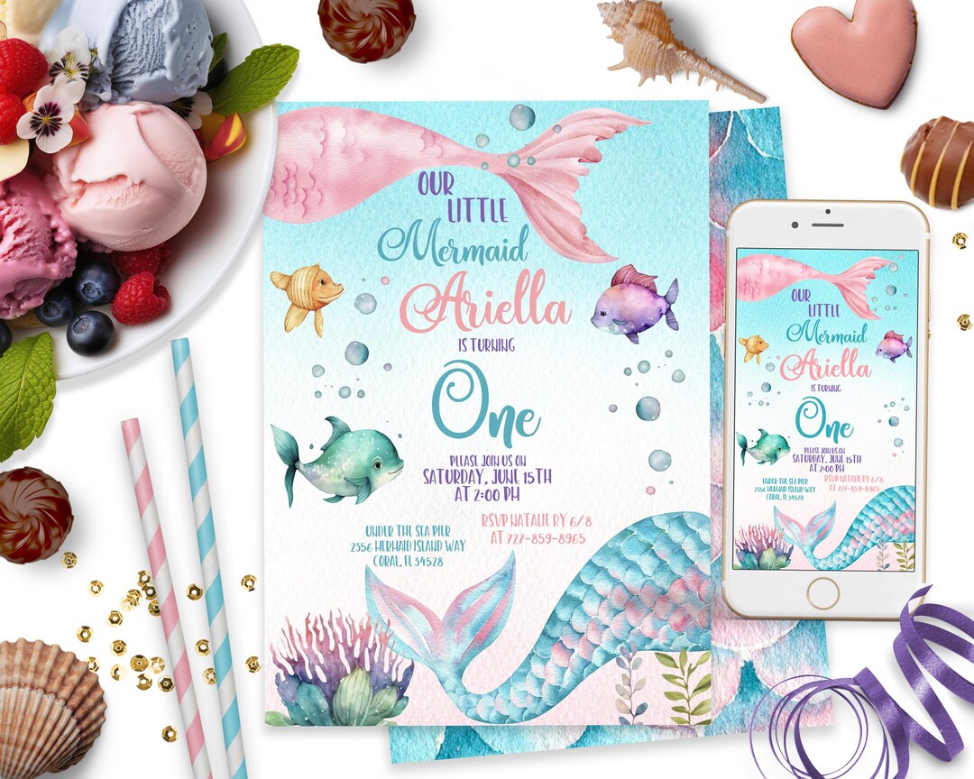 Mermaid First Birthday Invitation, Digital Mermaid Birthday Invite ...