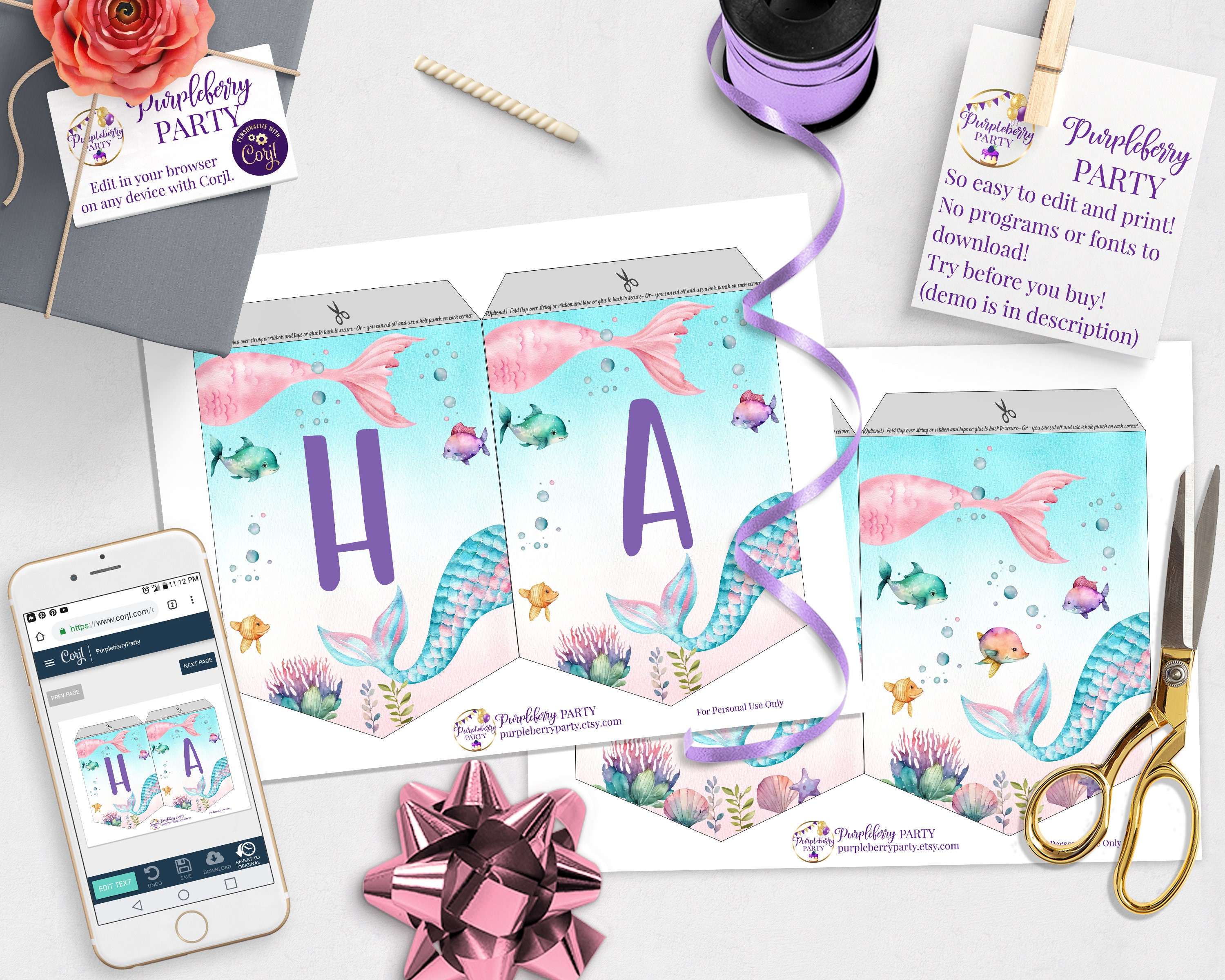 Editable Mermaid 1st Birthday Banner Customized Mermaid 5th Birthday ...