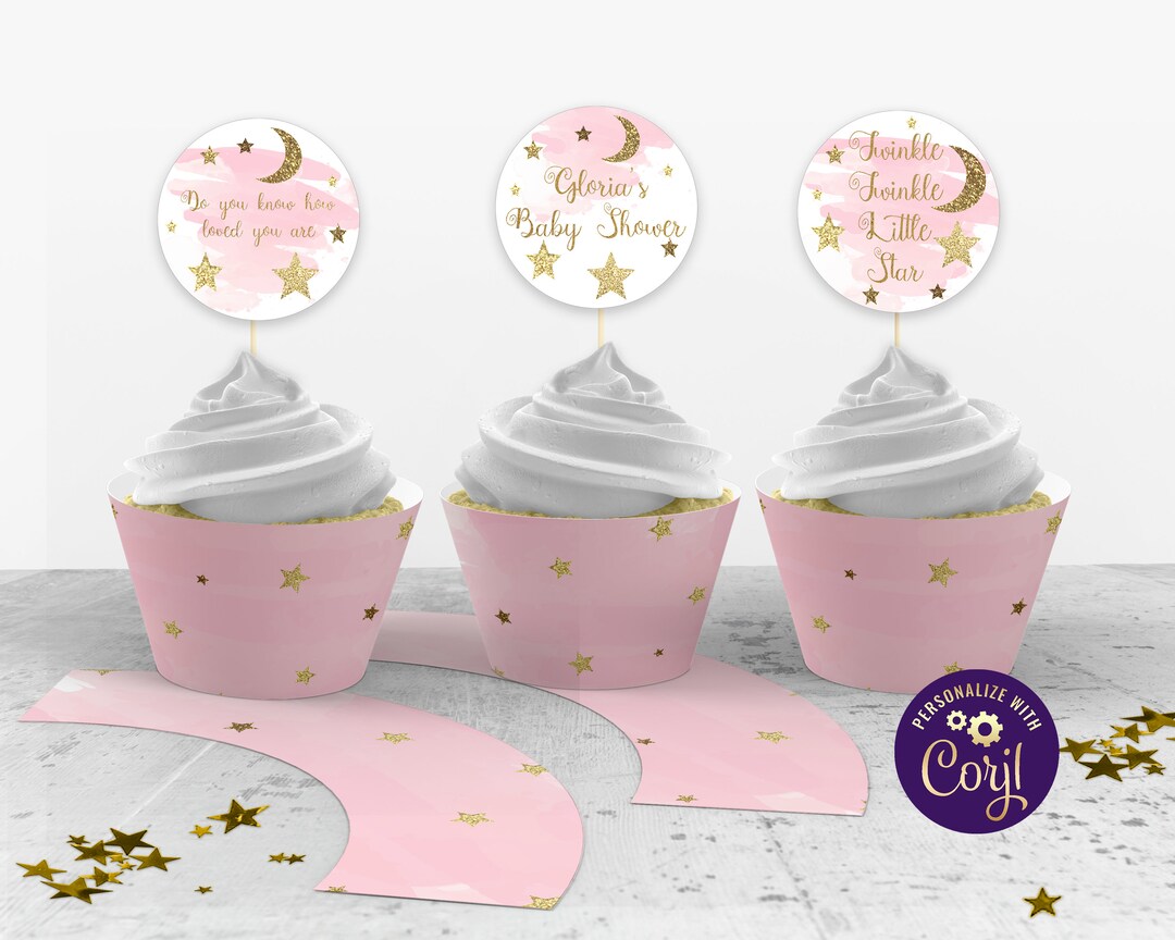 Twinkle Little Star Cupcake Toppers and Cupcake Wrappers Pink, Moon ...