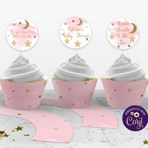 Twinkle Little Star Cupcake Toppers and Cupcake Wrappers Pink, Moon ...
