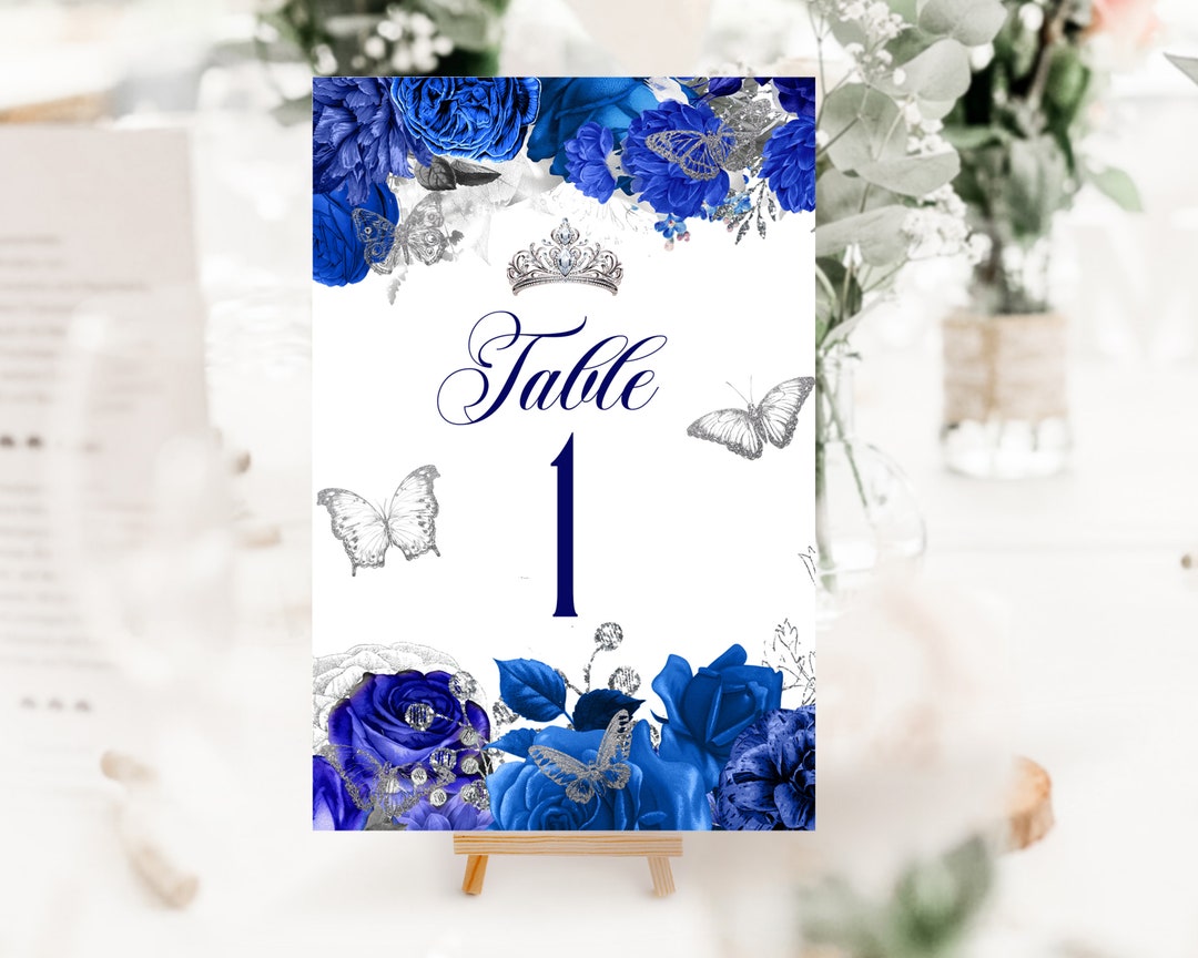 Royal Blue Quinceanera Table Numbers Blue Floral Roses and Silver ...