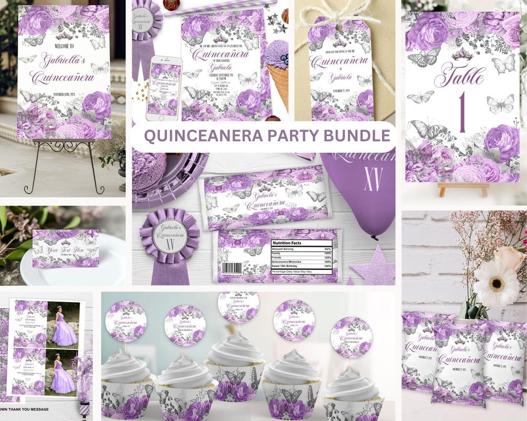 Lilac Quinceanera Party Bundle Lilac Flowers and Silver Butterflies ...