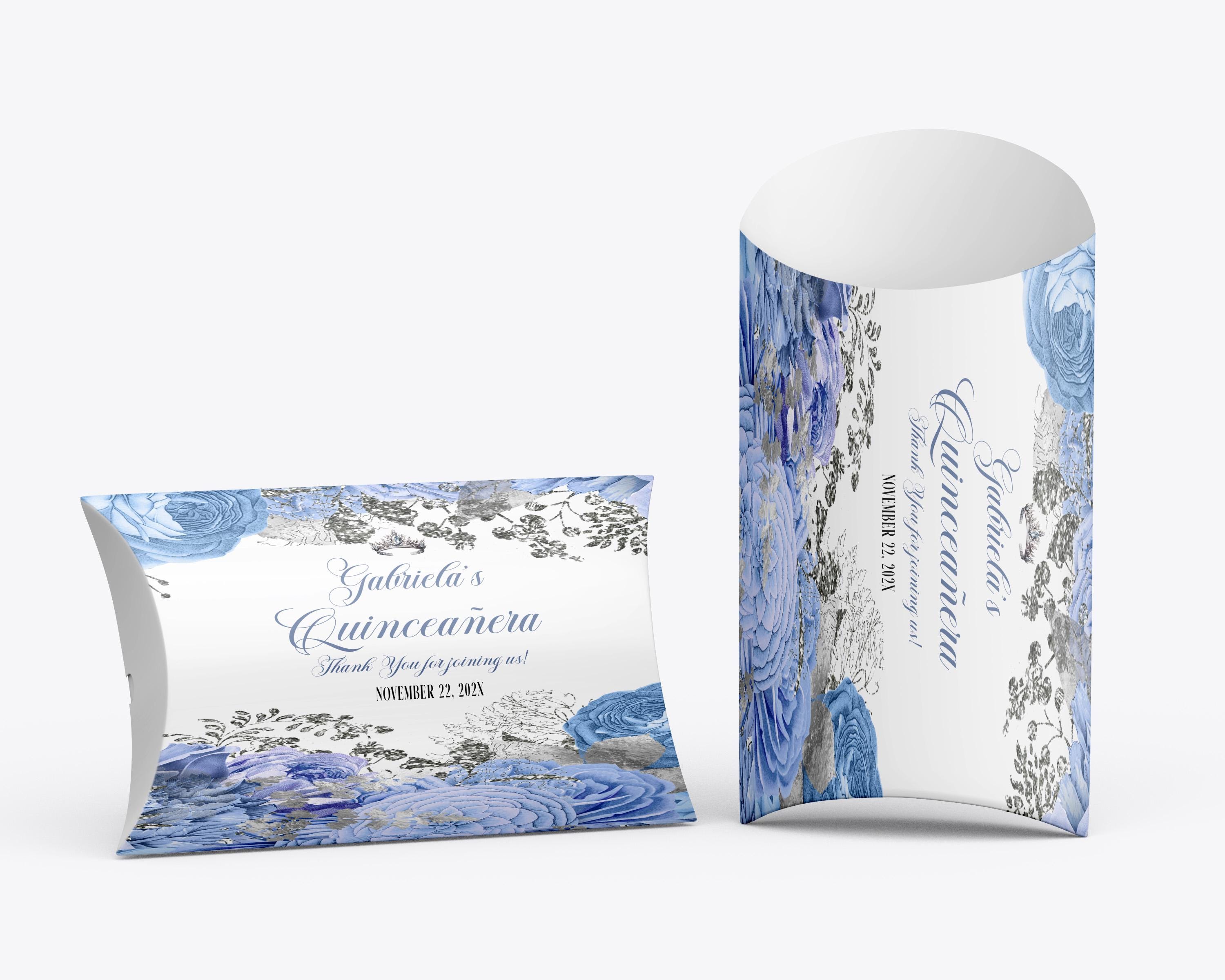 Editable Light Blue Quinceanera Favor Box Dusty Blue Flowers Silver ...