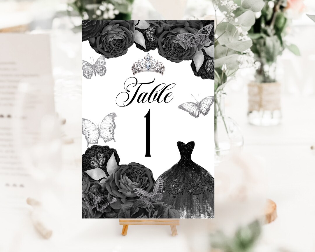 Quinceanera Table Numbers Black Roses and Silver Butterflies Quince ...