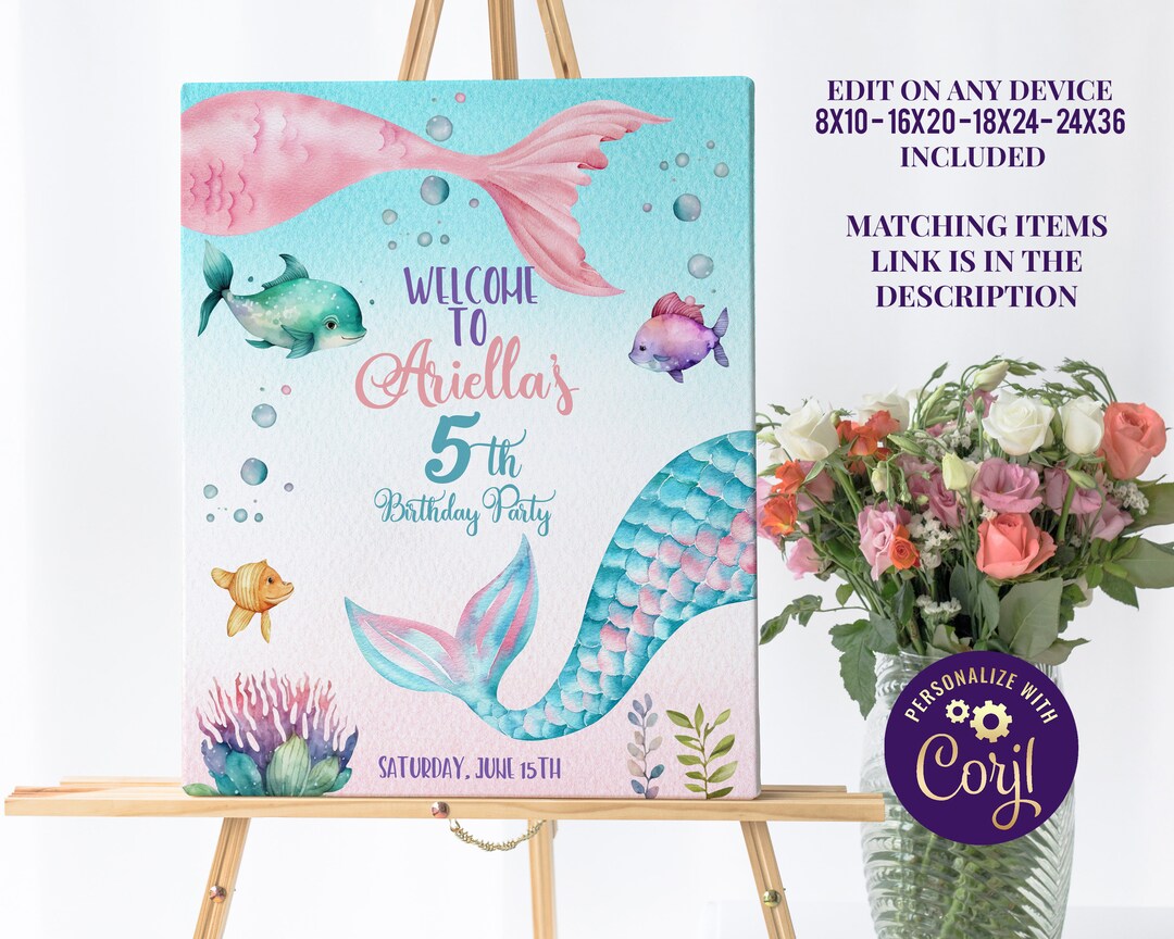 Editable Mermaid Birthday Welcome Sign Mermaid Birthday Party ...