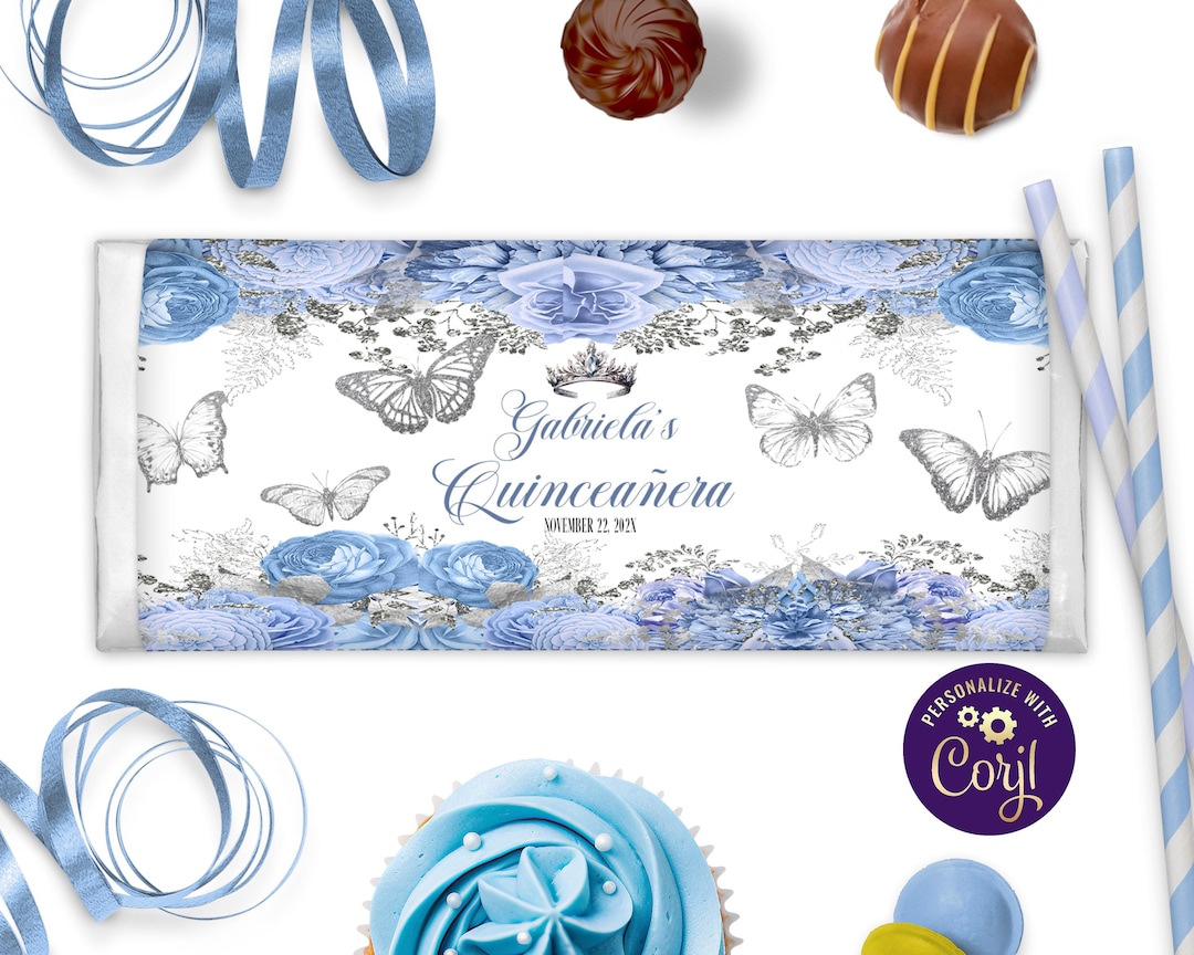 Dusty Blue Quinceanera Chocolate Bar Wrappers Light Blue Flowers Silver ...