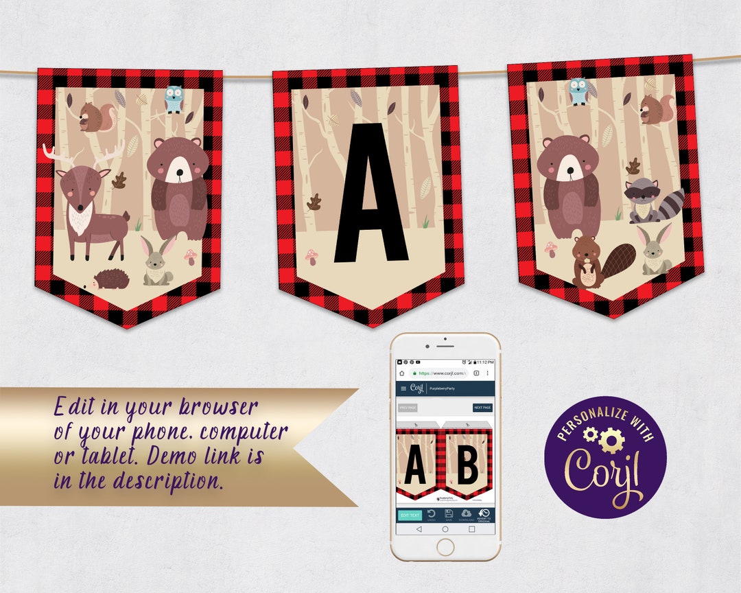 Editable Buffalo Plaid Baby Shower or Birthday Red and Black Woodland ...