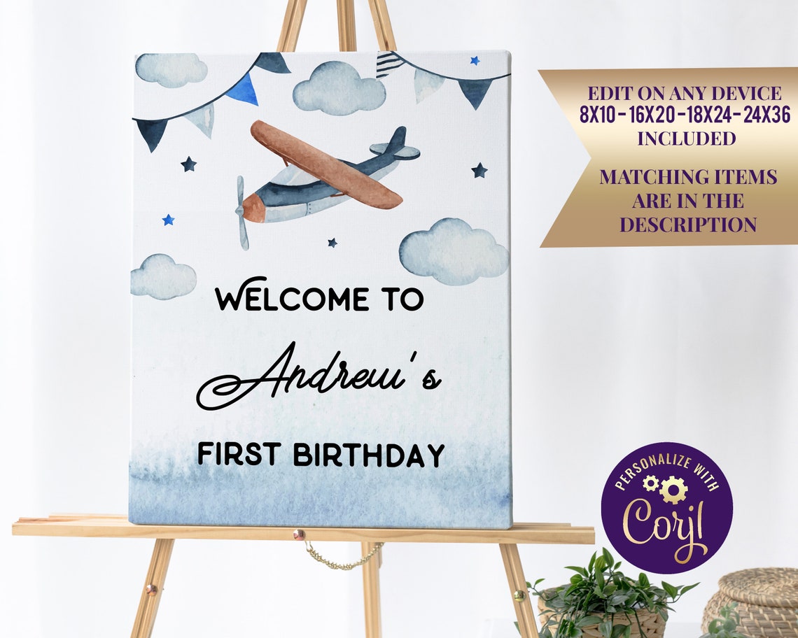 Editable Airplane Birthday Welcome Sign Airplane Party Decor | Etsy