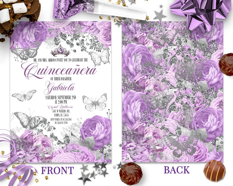 Lilac Quinceanera Invitation Light Purple Flowers and Silver ...